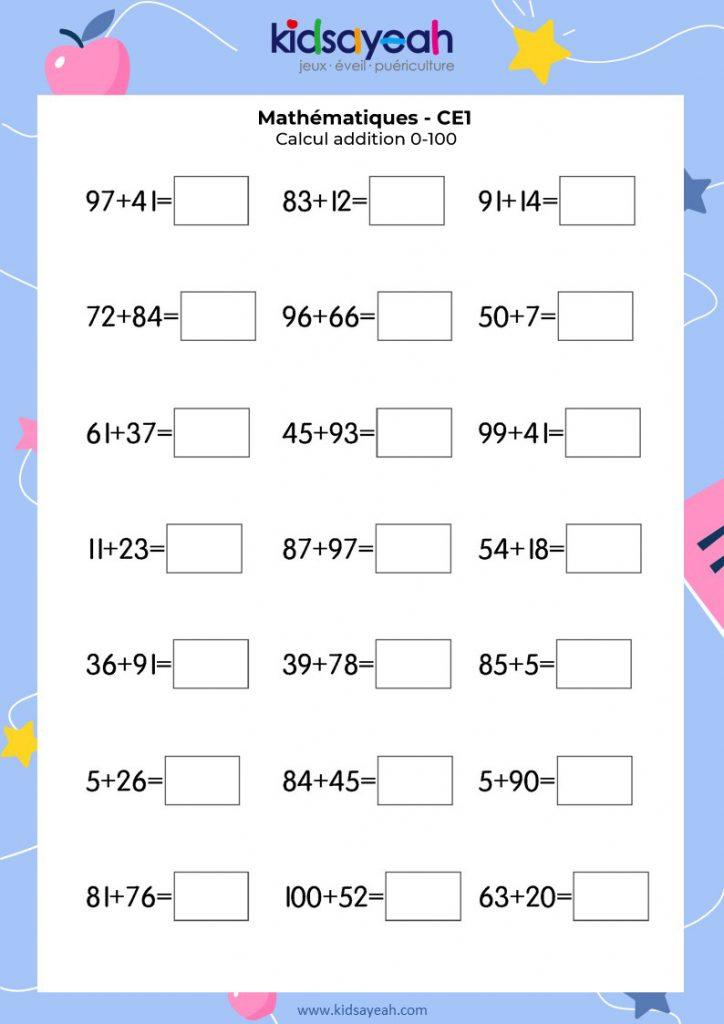 Exercice d'addition de 0 à 100 pour enfants de CE1 - Kidsayeah