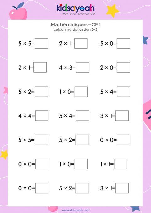 Fiche d'entraînement multiplication 0 à 5 CE1 à imprimer