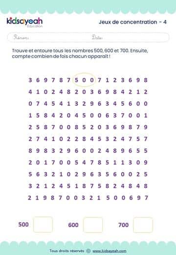 Jeu de concentration - Trouvez les nombres 500, 600 et 700