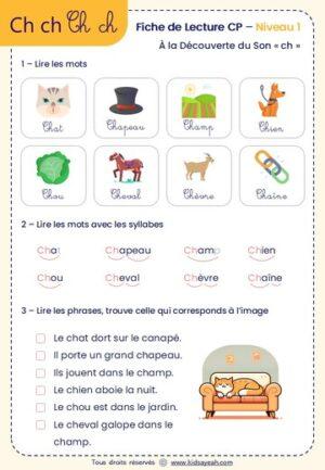 Fiche de lecture CP son "ch" – Niveau 1, PDF à Télécharger