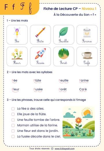 Fiche de lecture CP son "f" – Niveau 1, PDF à Télécharger