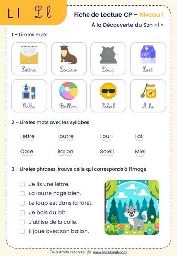 Fiche de lecture CP son "L" – Niveau 1, PDF à Télécharger