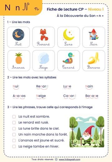 Fiche de lecture CP son "n" – Niveau 1, PDF à Télécharger
