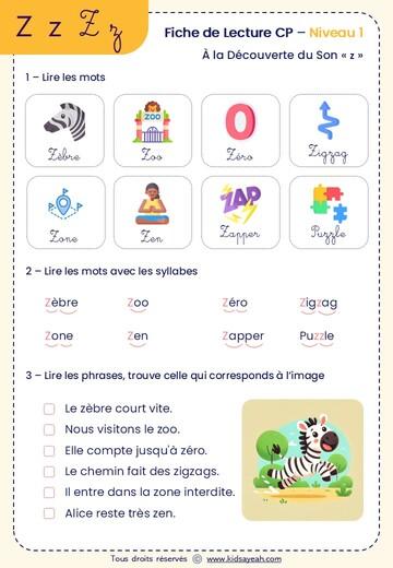 Fiche de lecture CP son "z" – Niveau 1, PDF à Télécharger