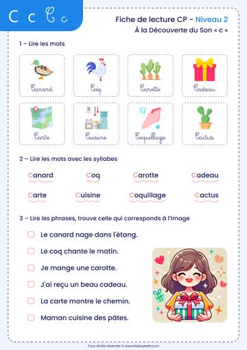 Fiche de lecture CP son "c" – Niveau 2, PDF à Télécharger