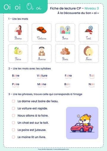 Fiche de lecture CP : le son "oi" - PDF à télécharger et imprimer
