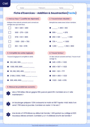 Additions et soustractions CM1 facile : Entraînement Progressif