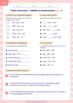 Exercices décimaux CM1 facile, addition et soustraction à imprimer