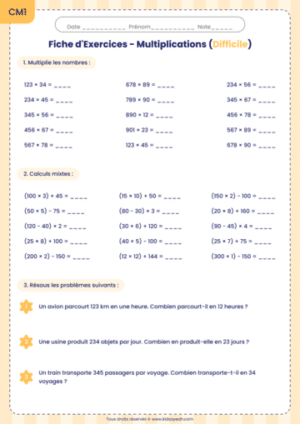 Exercices CM1 à imprimer | Fiches scolaires gratuites PDF