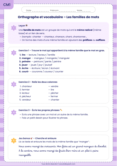 Exercices CM1 familles de mots – Fiche de vocabulaire
