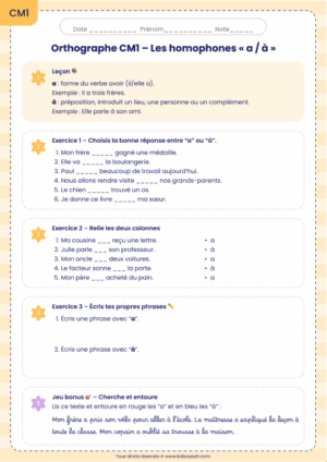 Exercices CM1 homophones a à – Fiche d’orthographe en PDF