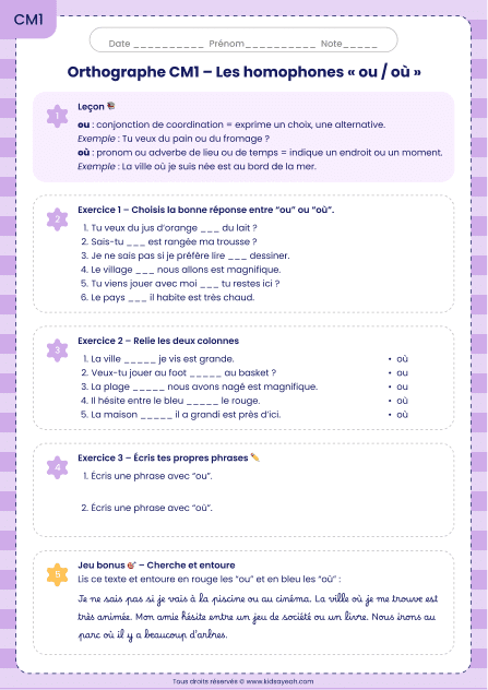 Exercices CM1 homophones ou où – Fiche d’orthographe