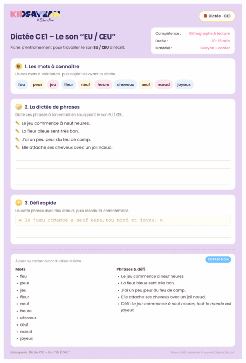 Dictée CE1 son EU/ŒU – Fiche d'exercices ludique à imprimer