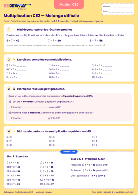 Exercices multiplication CE2 difficile- Fiche d’entraînement