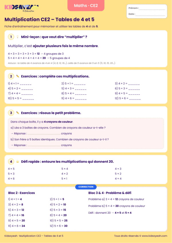 Table de multiplication 4 et 5 CE2 | Exercices à imprimer