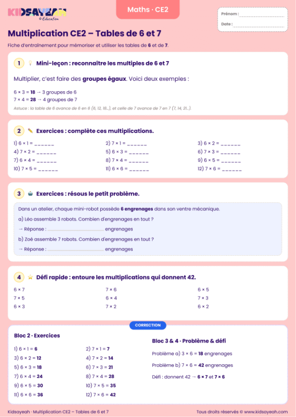 Table de multiplication 6 et 7 CE2 | Exercices à imprimer
